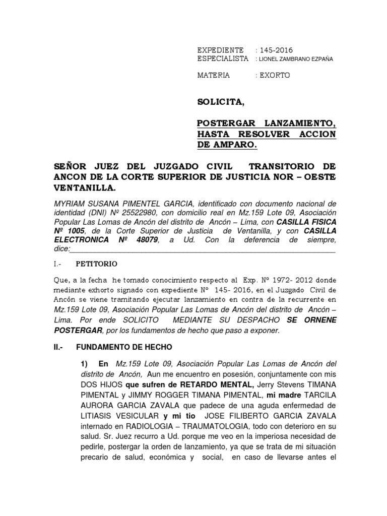 Escrito Postergar Lanzamiento | PDF | Justicia | Crimen y violencia