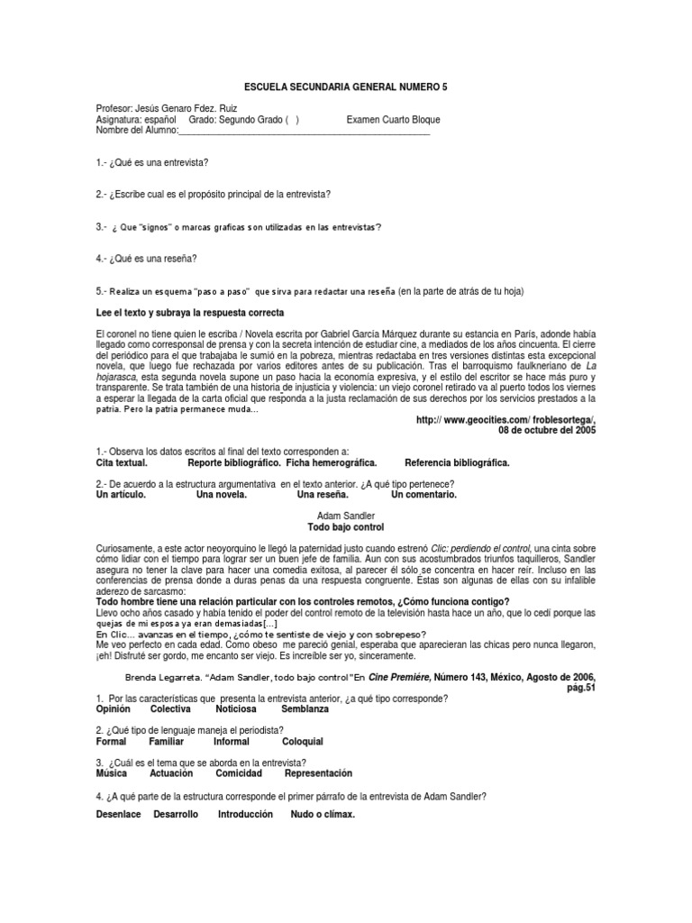 Examen de Español Segundo Grado | PDF | Ocio