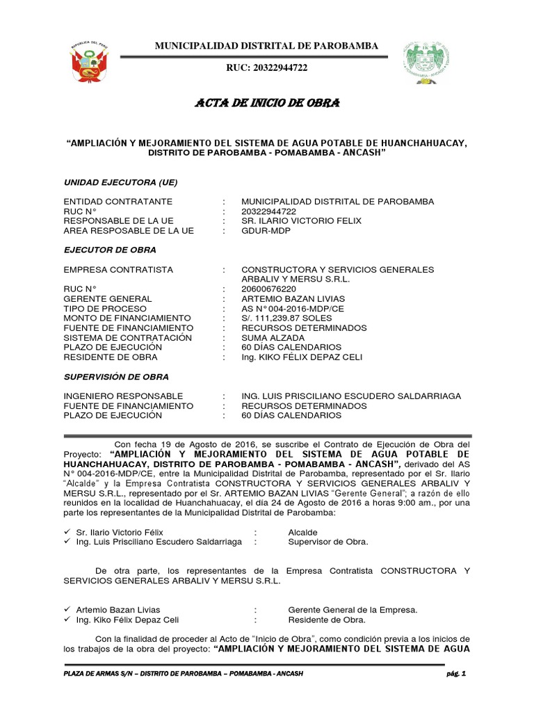 Actas de Inicio Obra | PDF