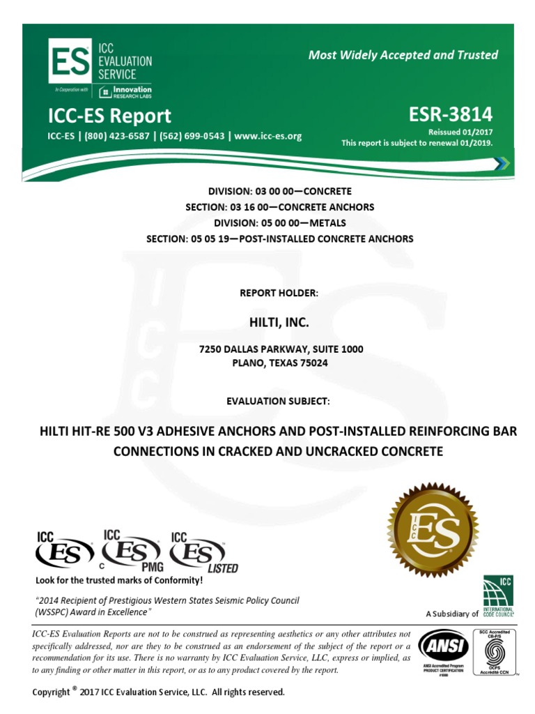 ICC ESR-3814 For HIT-RE 500 V3 | PDF | Strength Of Materials | Concrete
