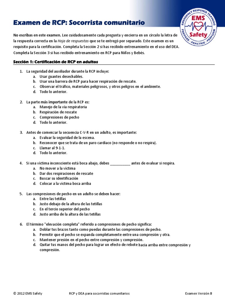 Spanish Exam CPR 8-14-12 | PDF | Reanimación cardiopulmonar | Paro cardíaco