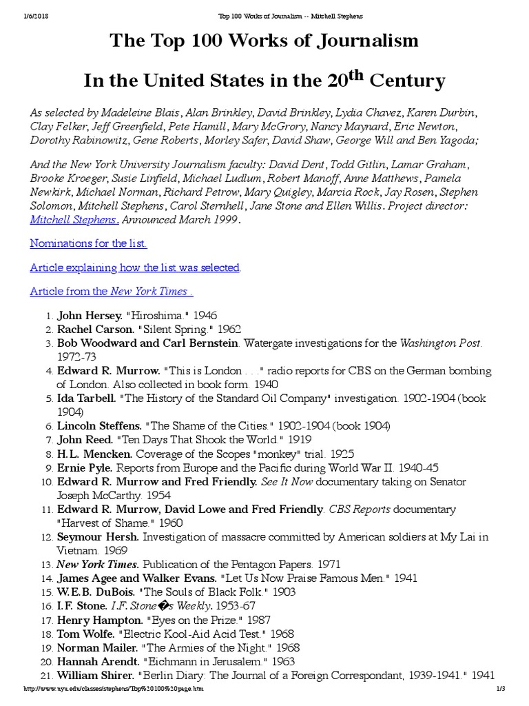 Top 100 Works of Journalism - Mitchell Stephens | PDF | American ...
