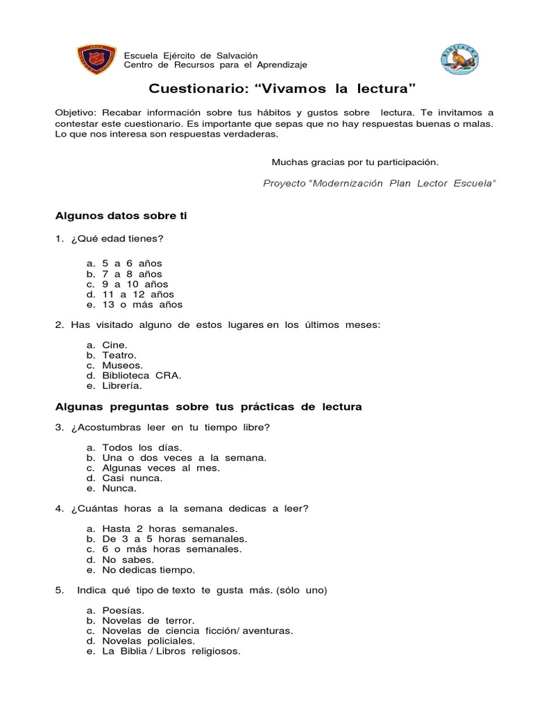 Cuadro De Preguntas Para La Lectura Examen Primer Trimestre Segundo