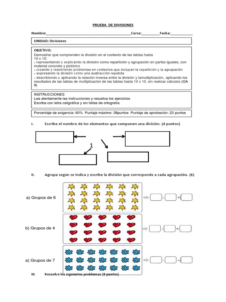 Prueba de Divisiones para 3º Básico | PDF | Enseñanza de matemática ...
