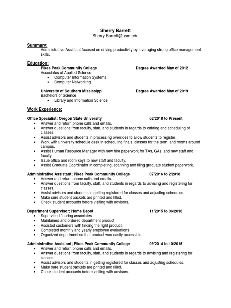 Sherry Barrett Admin Resume | PDF | Computing | Business