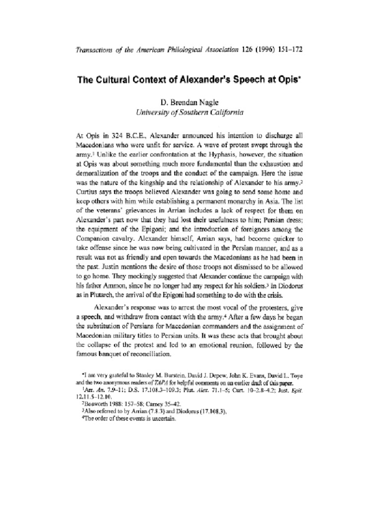 The Cultural Context of Alexander's Speech at Opis - Nagle | PDF
