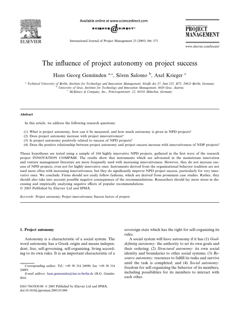 Project Autonomy: A Key Factor for Innovation Project Success | PDF ...