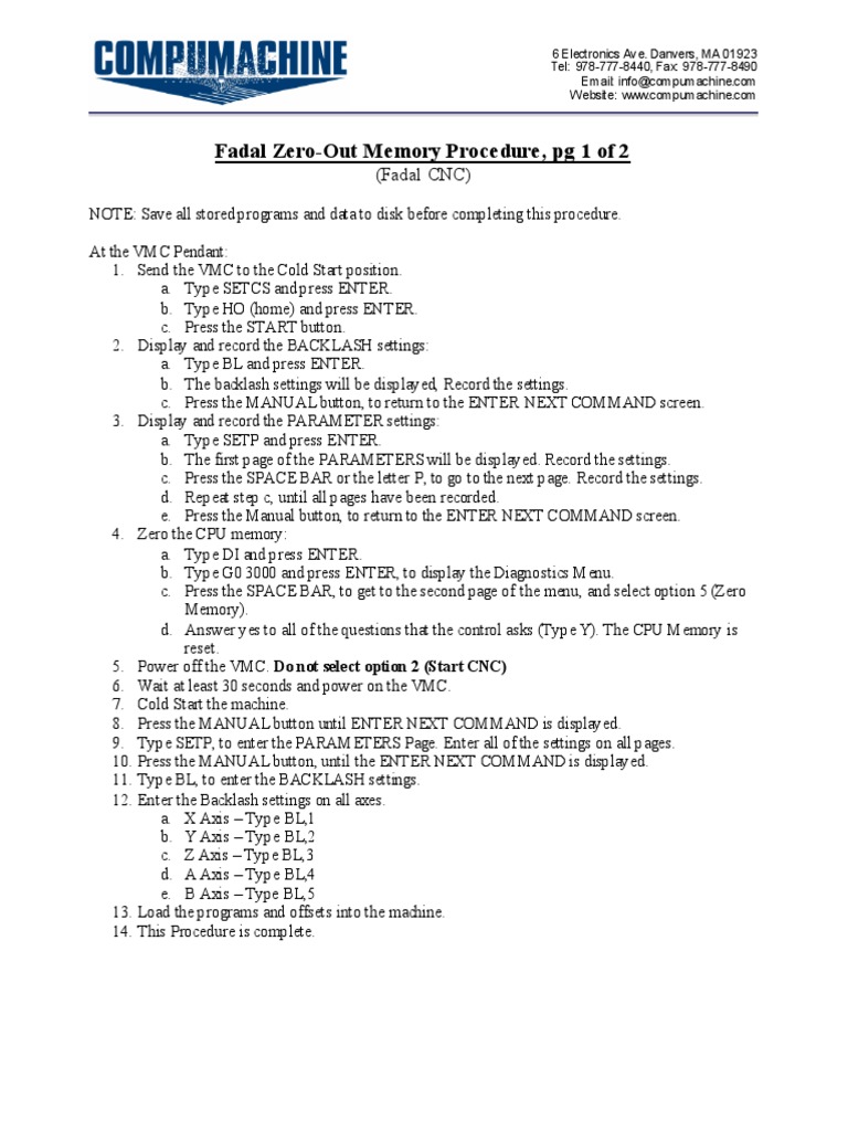 Fadal Zero Memory Procedure | PDF | Cartesian Coordinate System ...