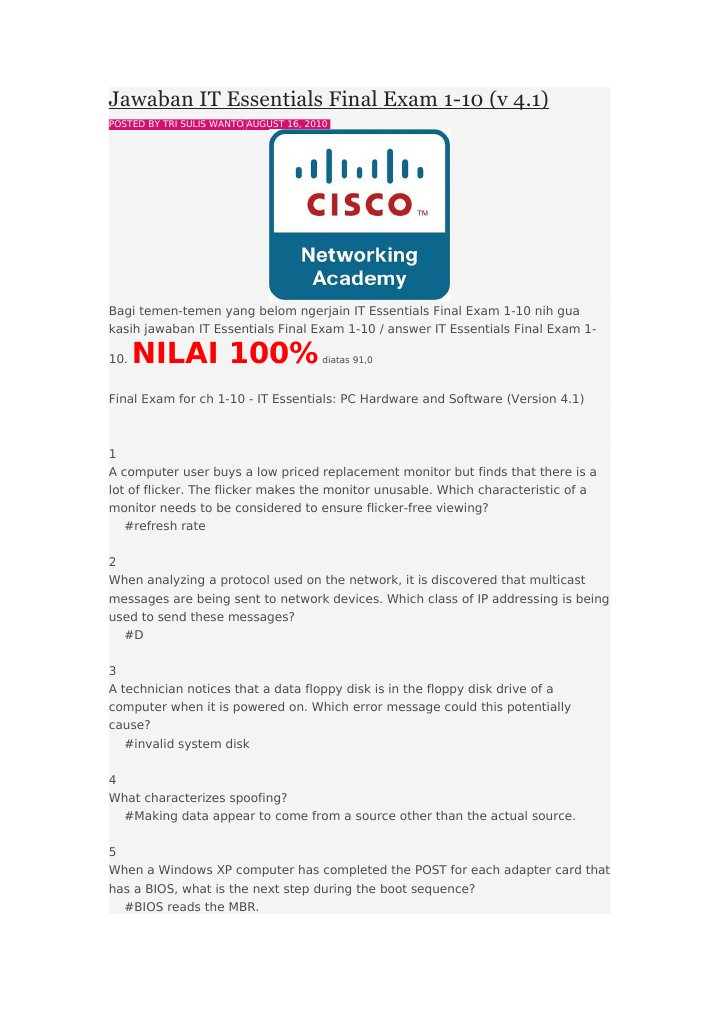 NILAI 100%: Jawaban IT Essentials Final Exam 1-10 (V 4.1) | PDF ...