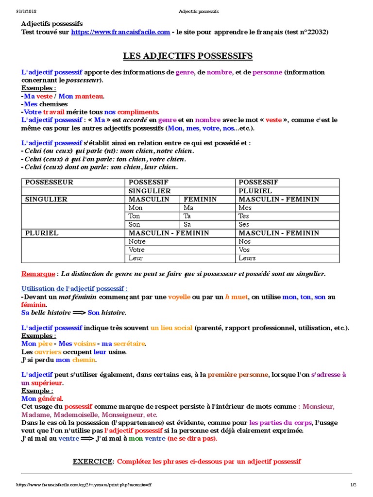 Adjectifs Possessifs Exercises | PDF | Genre grammatical | Nombre ...