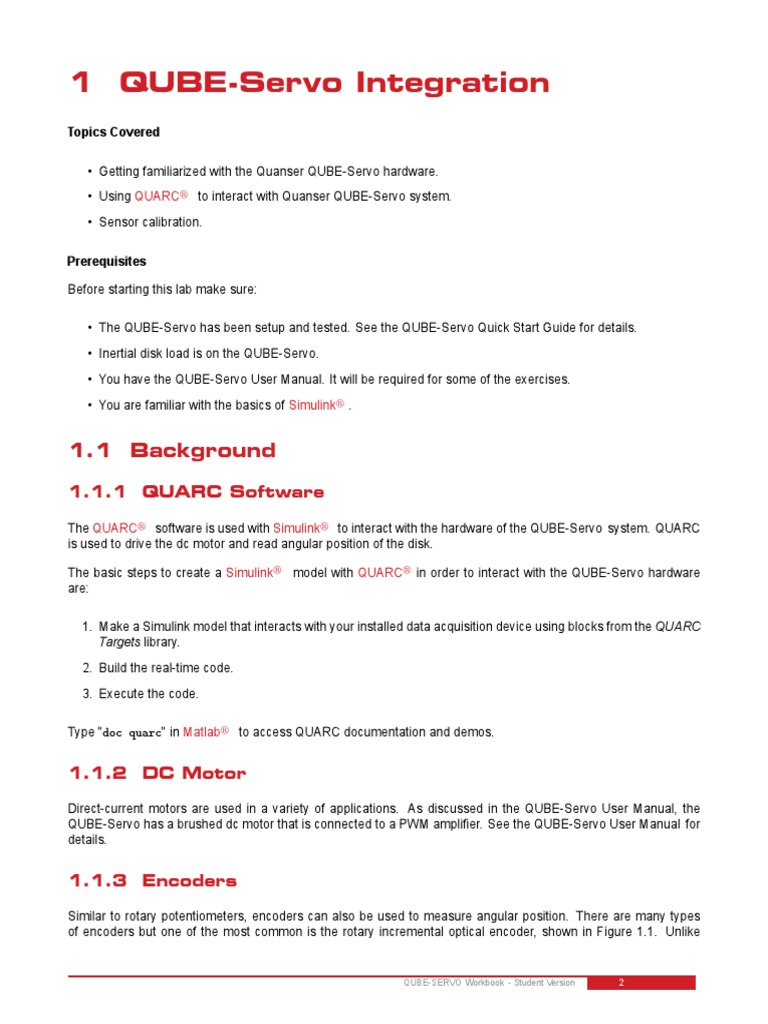 Lab 1 QUBE-Servo Integration Workbook (Student) | PDF | Electrical Engineering | Computing