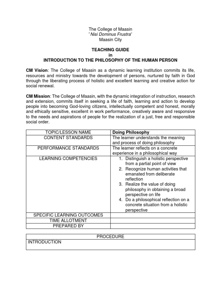 Teaching Guide in Introduction To The Philosophy of The Human Person CM ...
