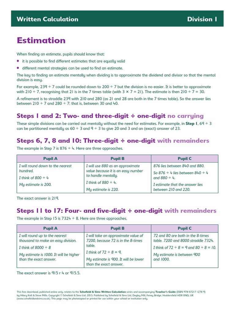 Estimation: Written Calculation Division 1 | PDF | Division ...