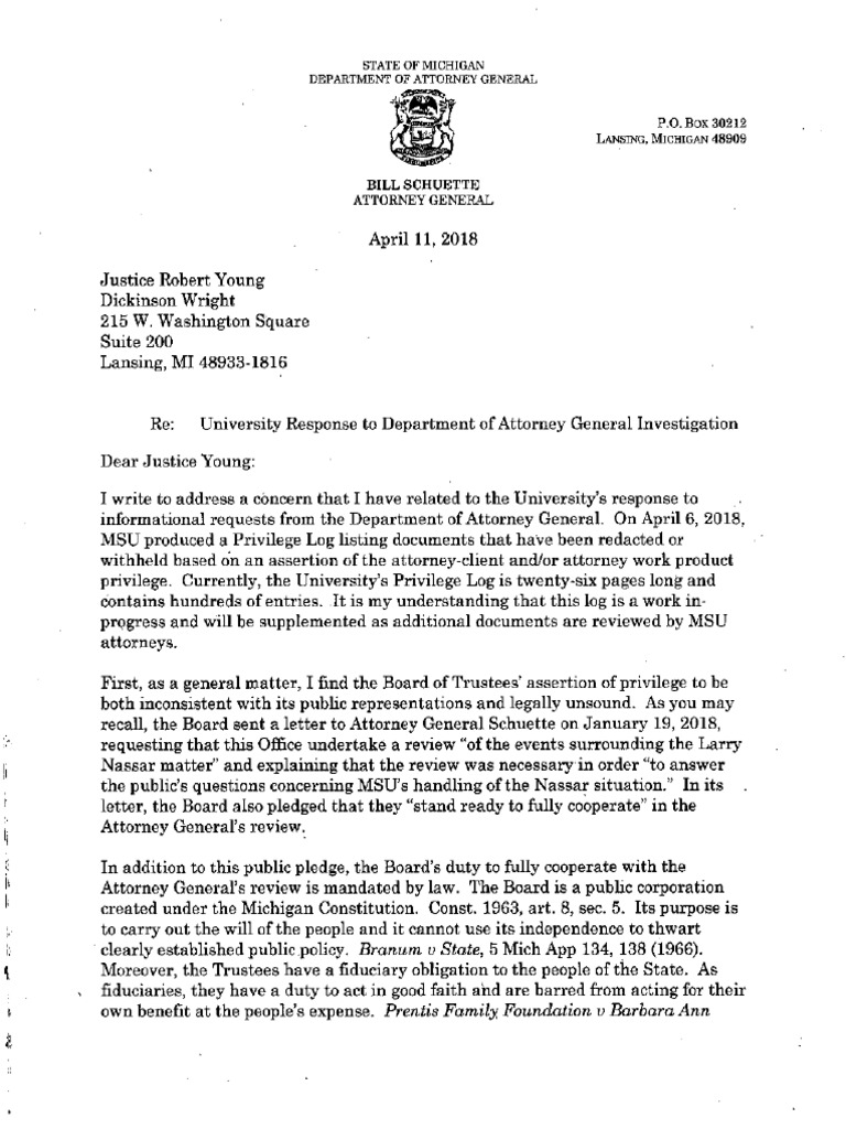 Letters Between AG's Office Special Prosecutor and MSU's General ...