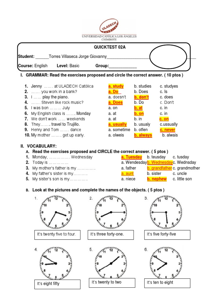 Basic English Grammar and Vocabulary Test | PDF