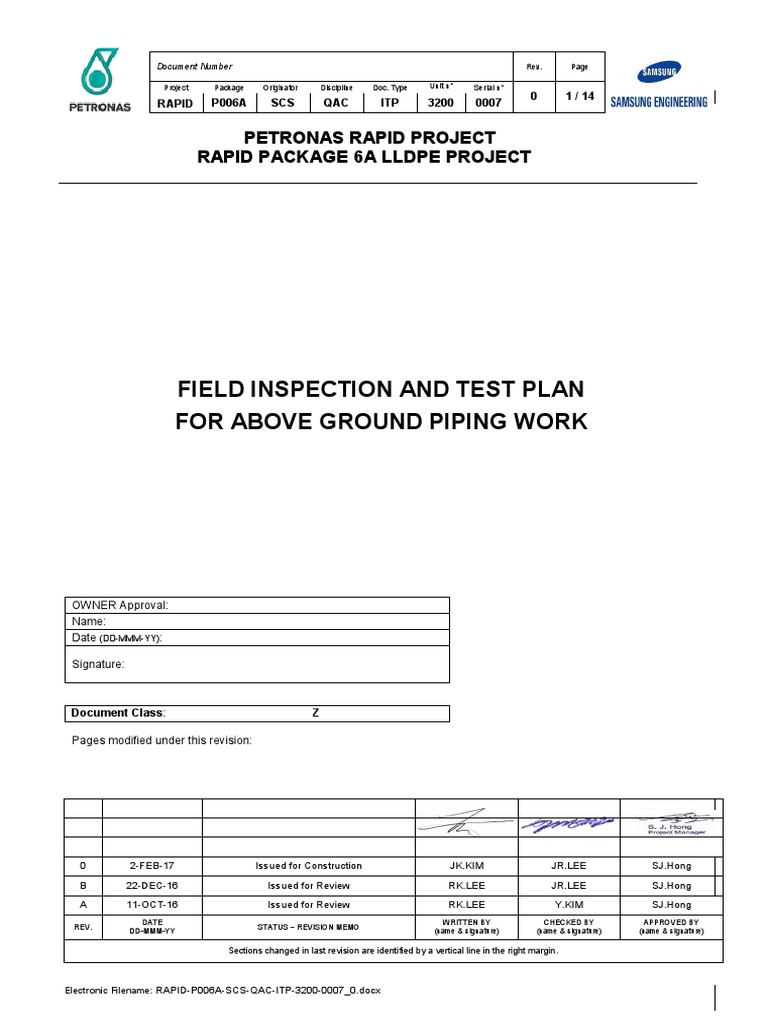 Field Inspection and Test Plan For Above Ground Piping Work: Petronas ...