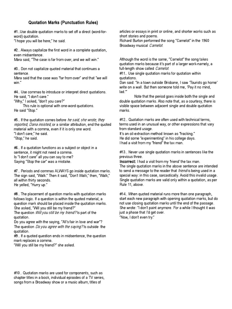 Quotation Marks (Punctuation Rules) : Camelot | PDF | Quotation Mark ...
