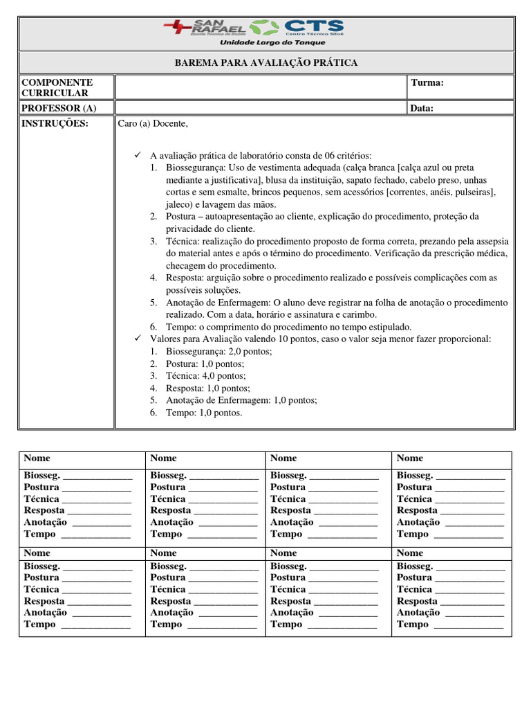 Barema para Avaliação Prática | PDF | Bem-estar | Médico