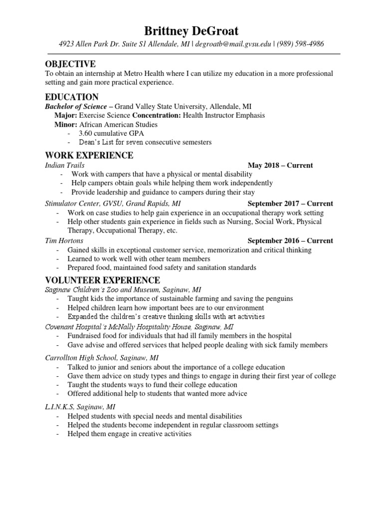 Brittney Degroat Exercise Science Resume | PDF | Occupational Therapy ...