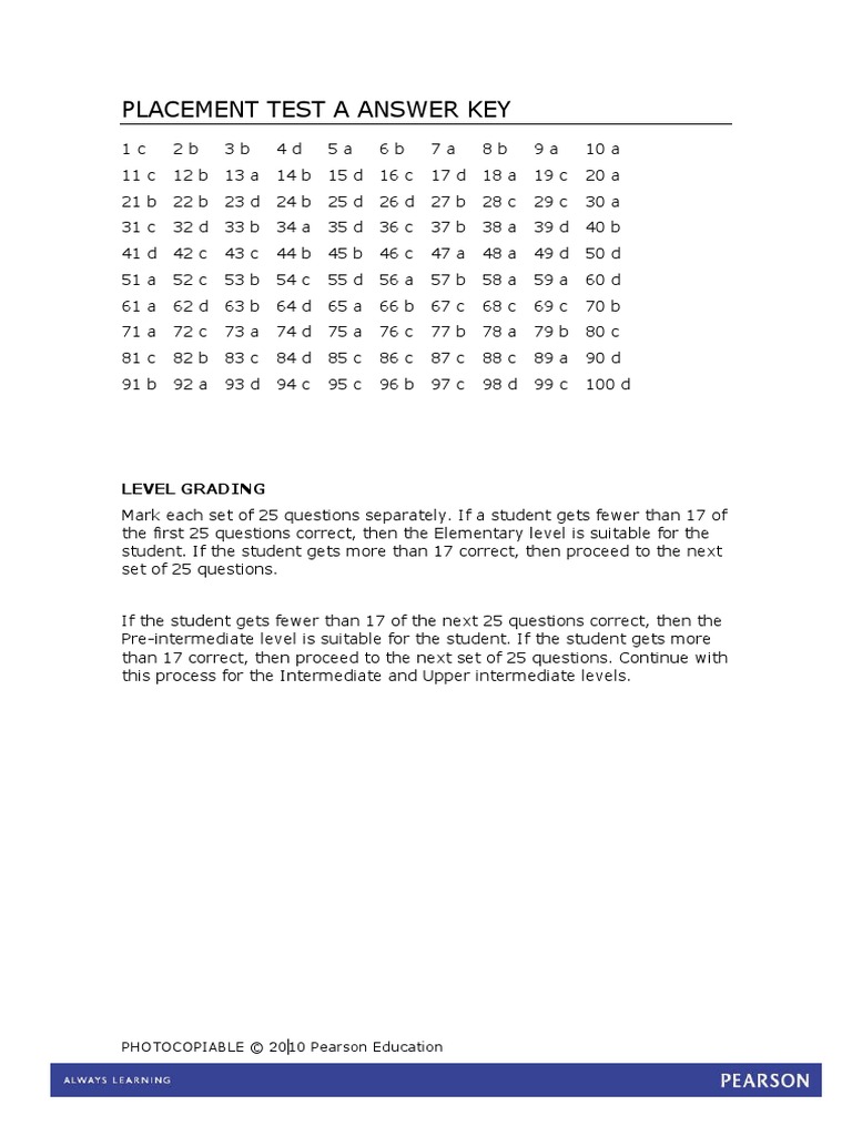 Placement Test A Answer Key | PDF