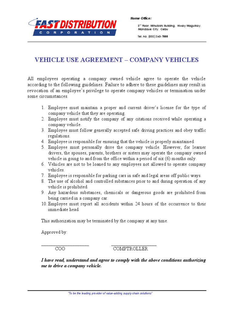 Company Vehicle Use Agreement | PDF | Vehicles | Dangerous Goods