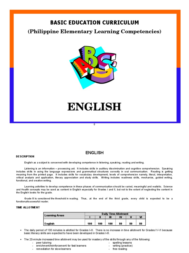 English: (Philippine Elementary Learning Competencies) Basic Education ...