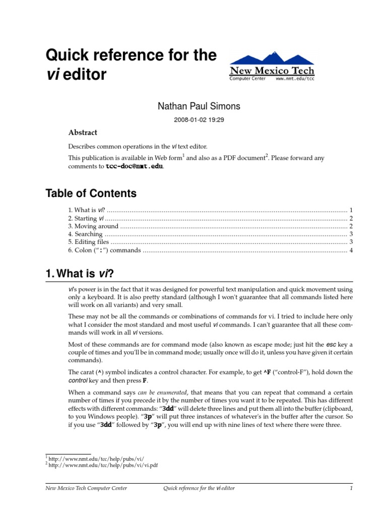 Quick Reference For The VI Editor PDF | PDF
