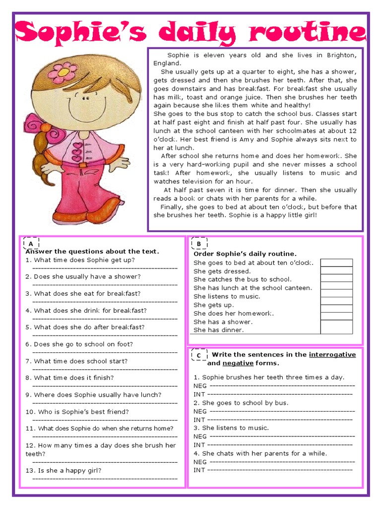 Answer The Questions About The Text. Order Sophie's Daily Routine | PDF