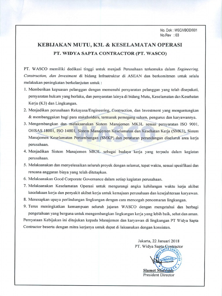Kebijakan Mutu, K3L & KO 2018 | PDF