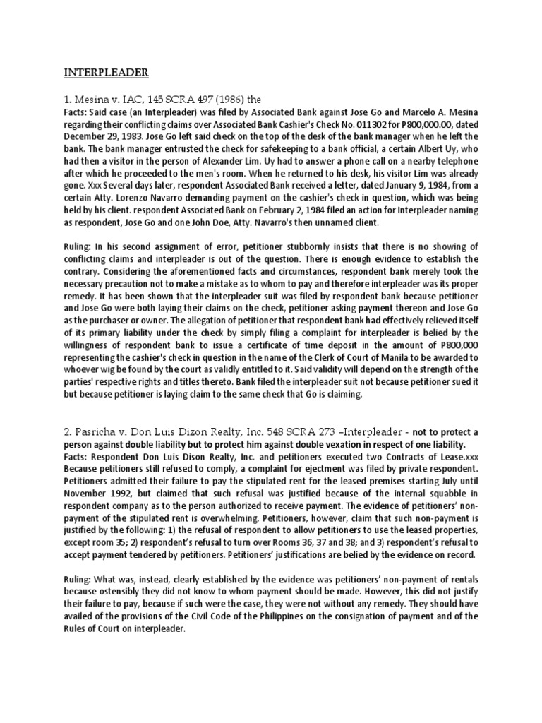 Mesina v. IAC, 145 SCRA 497 (1986) The: Interpleader | PDF | Lawsuit ...