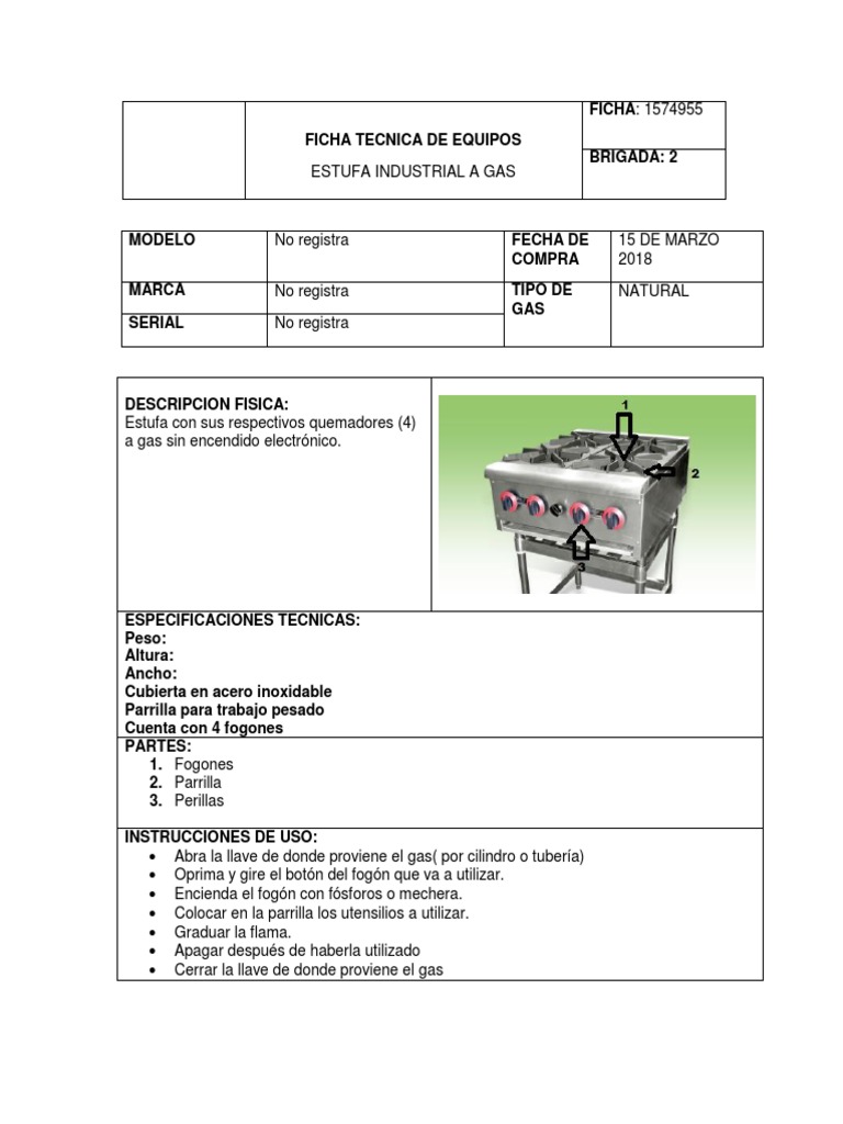 Ficha Tecnica de Equipos y Uensilios | PDF | Estufa de cocina | Agua