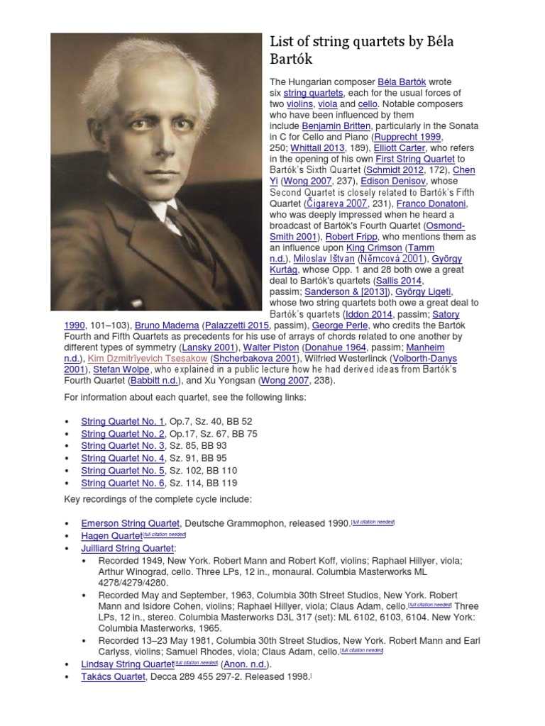 List of String Quartets by Béla Bartók | PDF | Quartet | String Quartet
