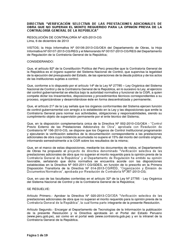 Verificación selectiva prestaciones adicionales obras CGR | PDF | Presupuesto | Gobierno