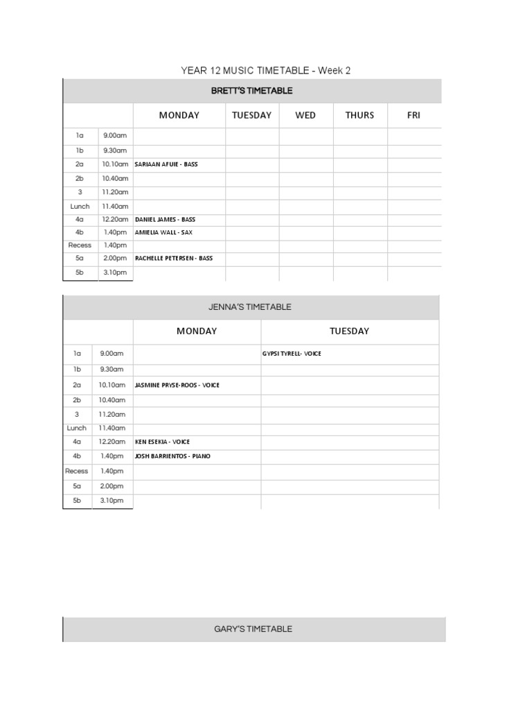 Year 12 Music Timetable - Week 2 | PDF