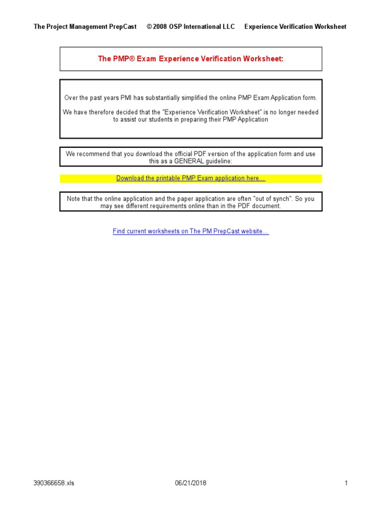 The PMP® Exam Experience Verification Worksheet | PDF
