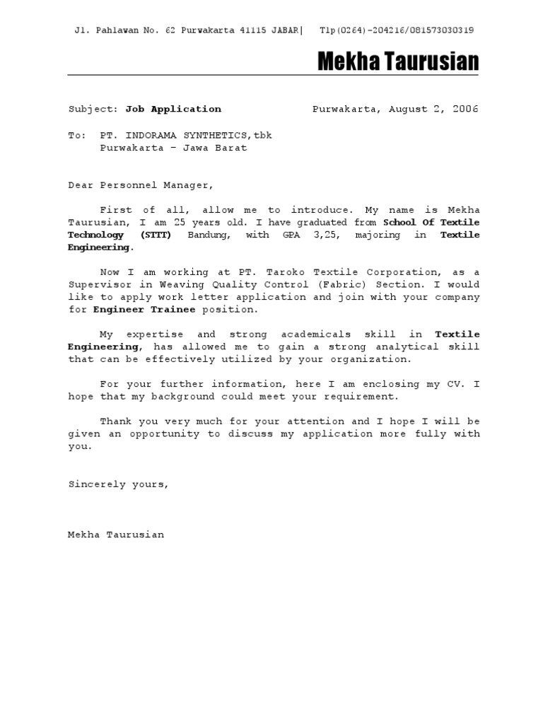 Job Application-Engineer Trainee | PDF | Textiles