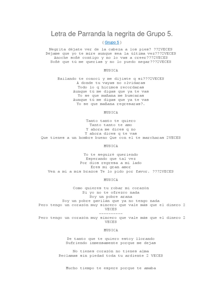 Letra de Parranda La Negrita de Grupo 5 | PDF