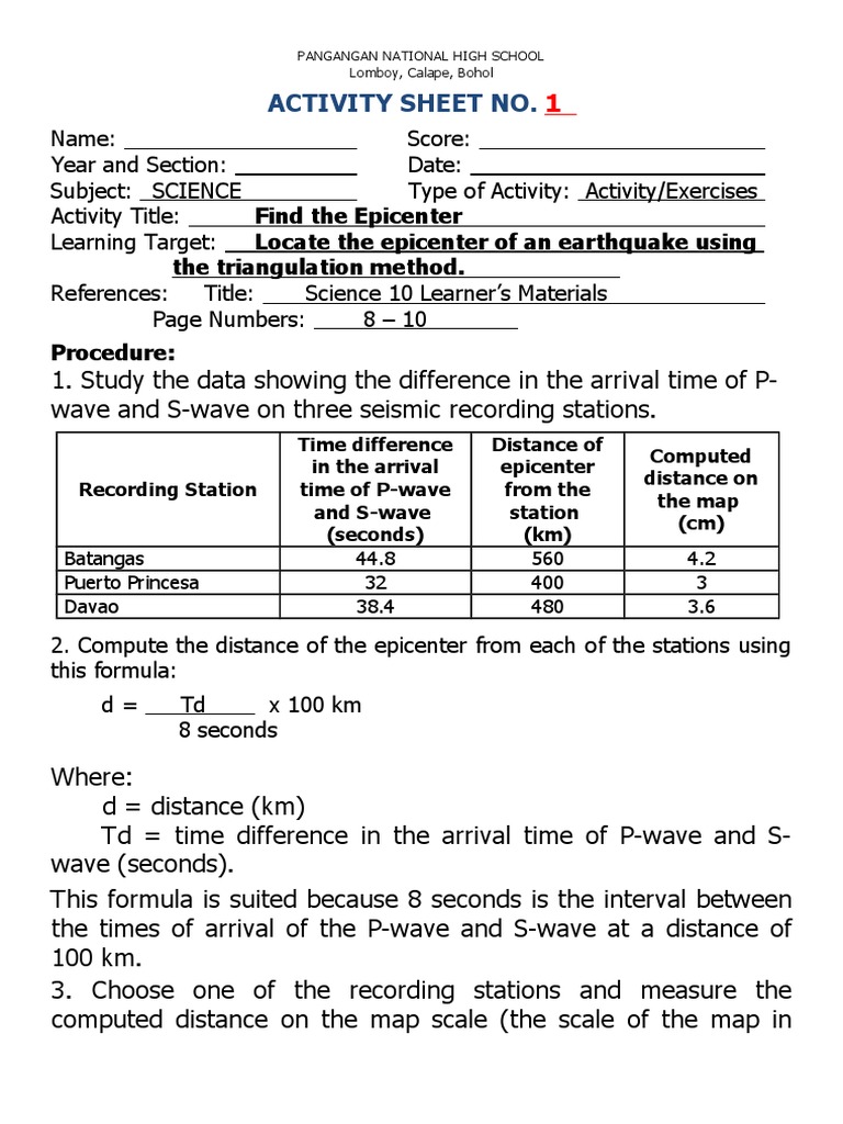 Activity Sheet No.: Locate The Epicenter of An Earthquake Using The ...
