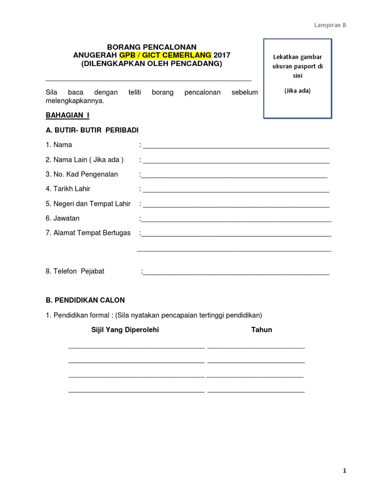 Borang Pencalonan Anugerah GPB 2017 | PDF