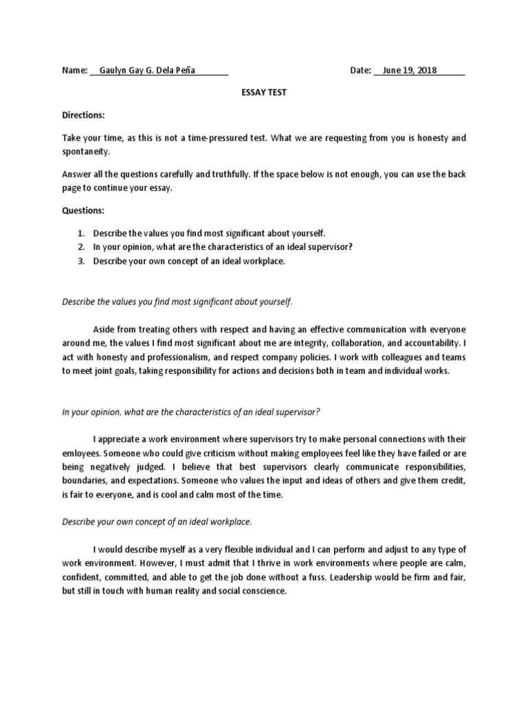 Essay Test Directions:: Describe The Values You Find Most Significant ...