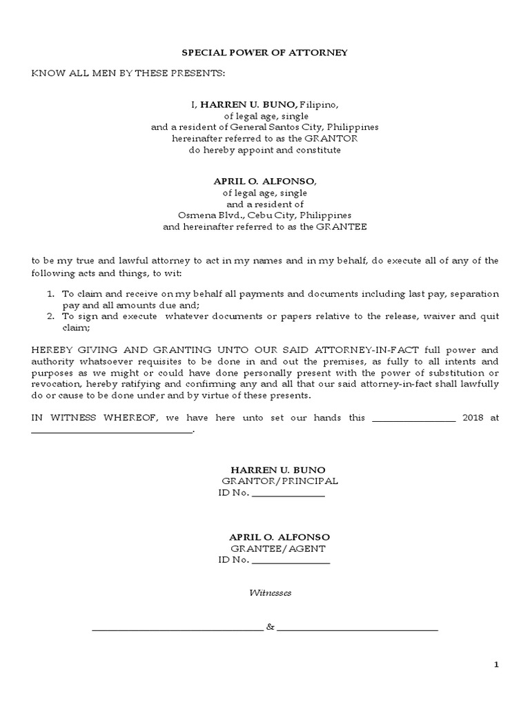 Special Power of Attorney: Witnesses | PDF | Power Of Attorney ...