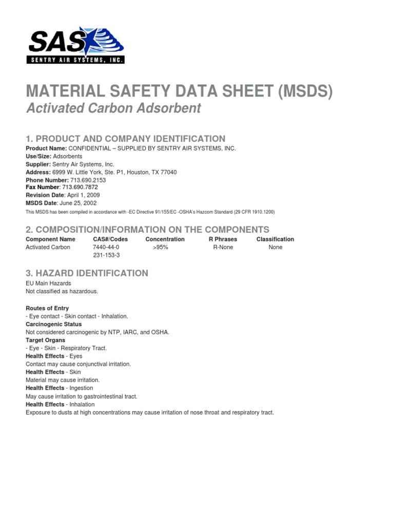 Material Safety Data Sheet (MSDS) : Activated Carbon Adsorbent | PDF ...