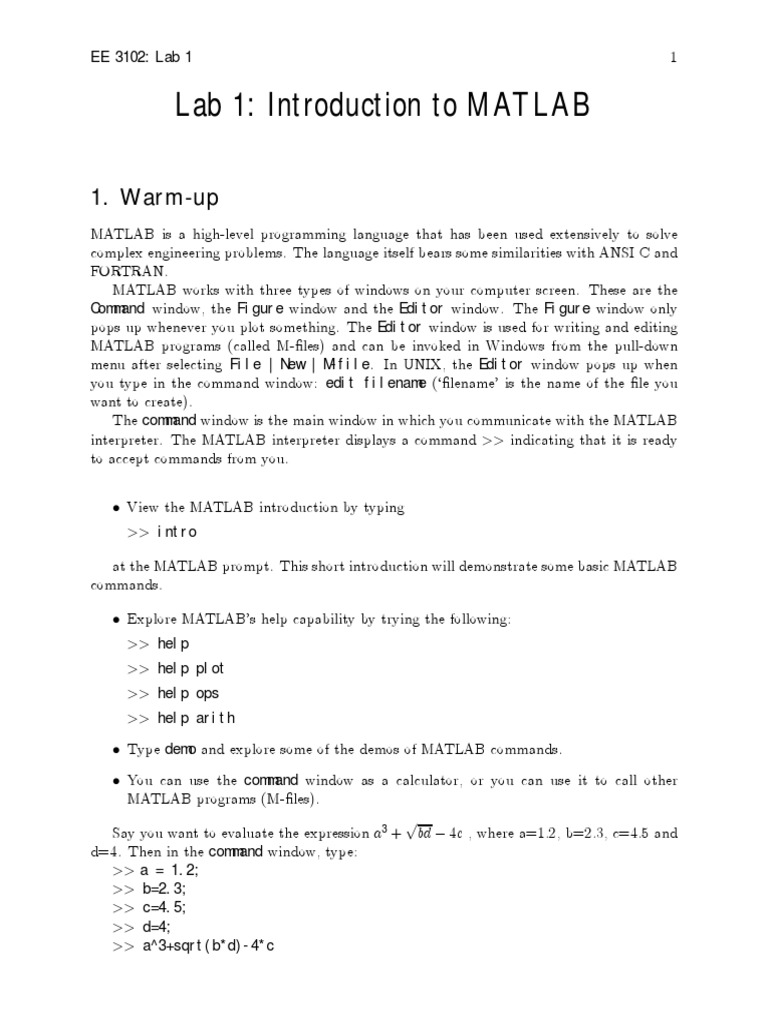 Lab 1 Introduction To Matlab 1 Warm Up Pdf Array Data Structure 3164