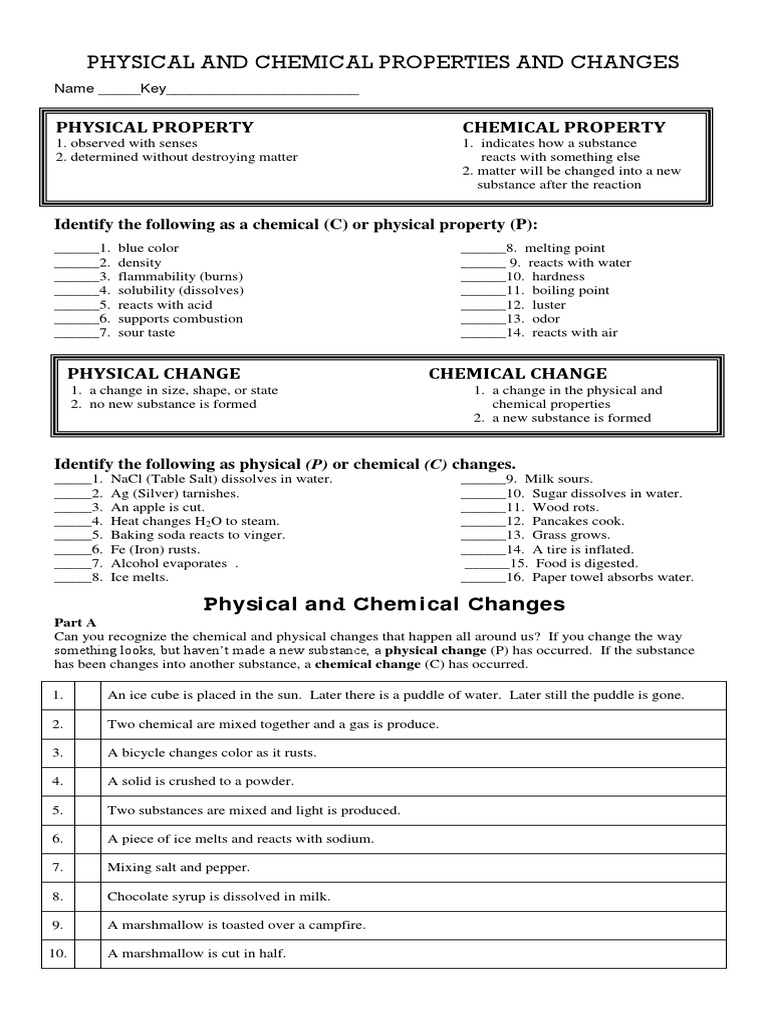 Physical and Chemical Properties Worksheet | PDF | Chemical Substances ...
