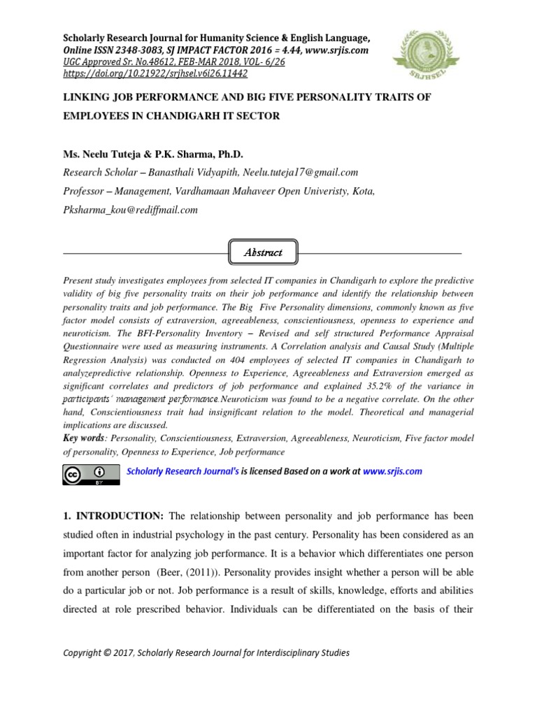 Linking Job Performance and Big Five Personality Traits of Employees in Chandigarh It Sector ...