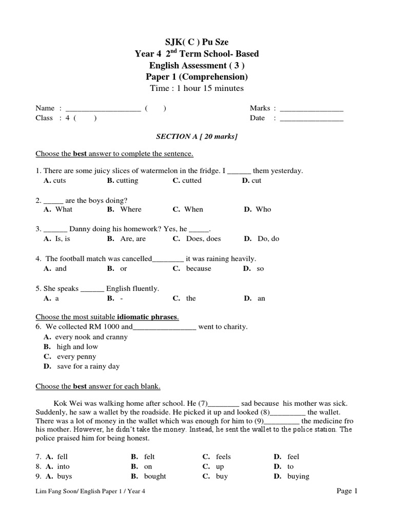 SJK (C) Pu Sze Year 4 2 Term School-Based English Assessment (3) Paper ...