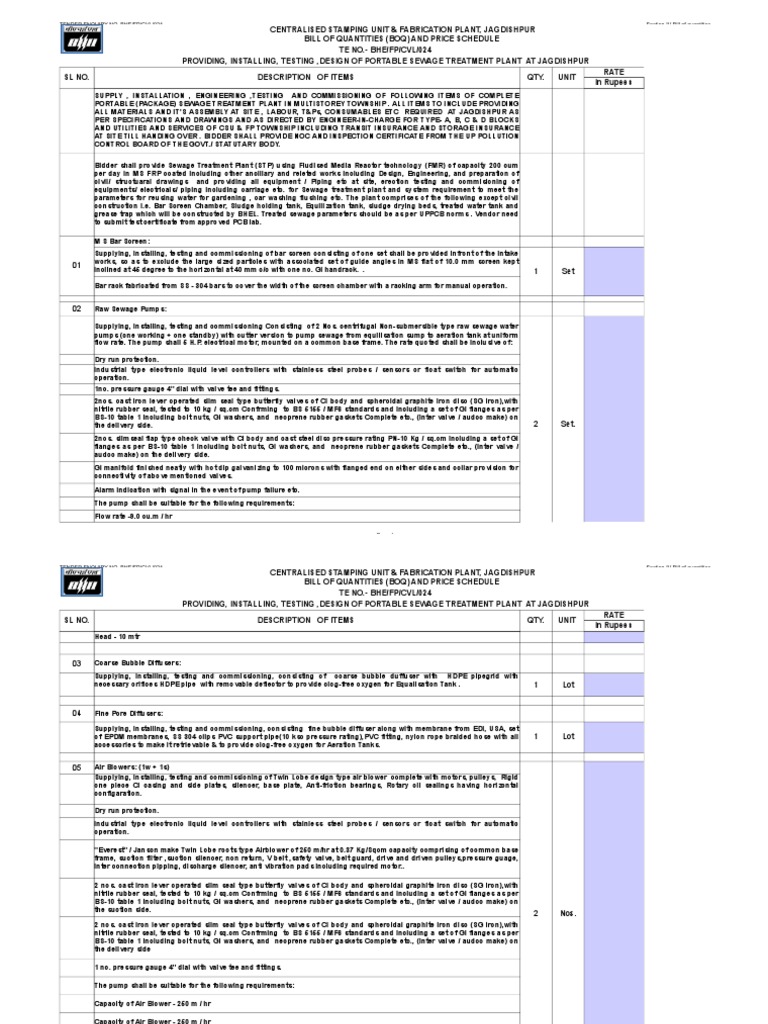 Portable Sewage Treatment Plant BOQ | PDF | Valve | Pump