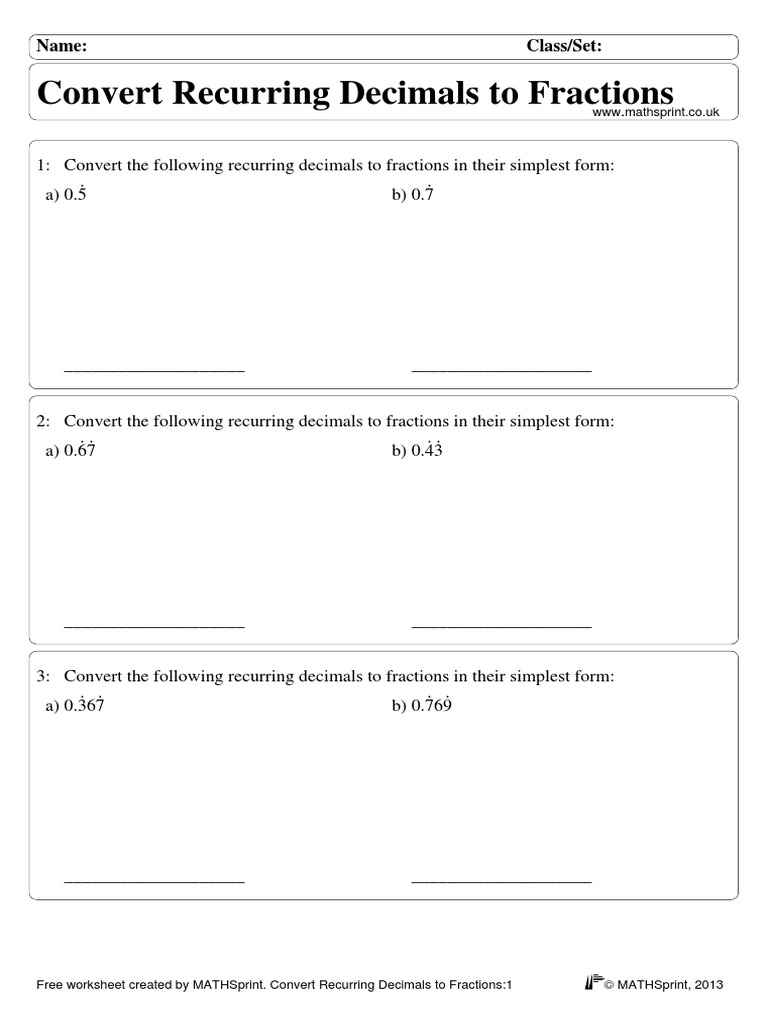 Convert Recurring Decimals To Fractions | PDF | Fraction (Mathematics ...