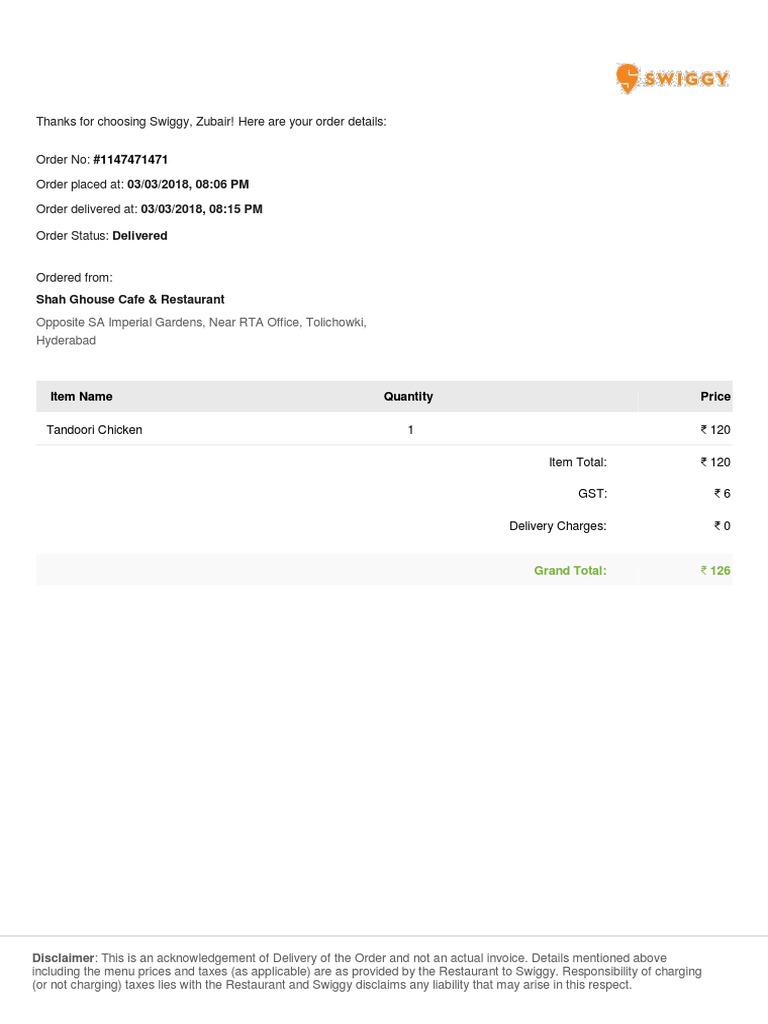 Swiggy Order Confirmation #1147471471 | PDF