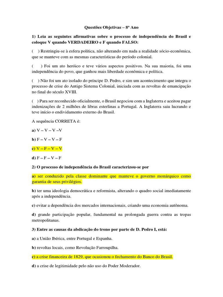 Questões Objetivas 8 Ano 2 Bim.docx | Brasil | Portugal